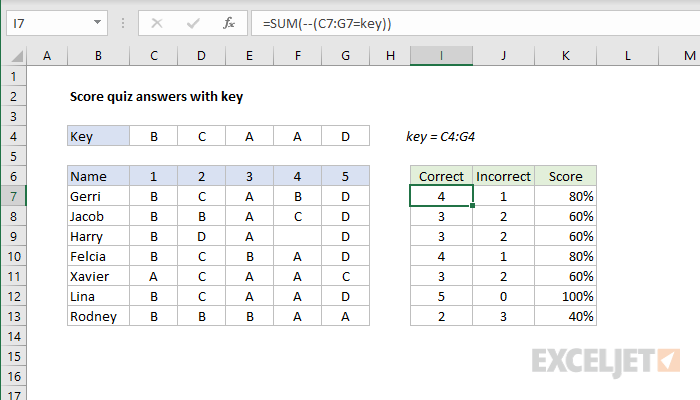 Score Quiz Answers With Key Excel Formula Exceljet